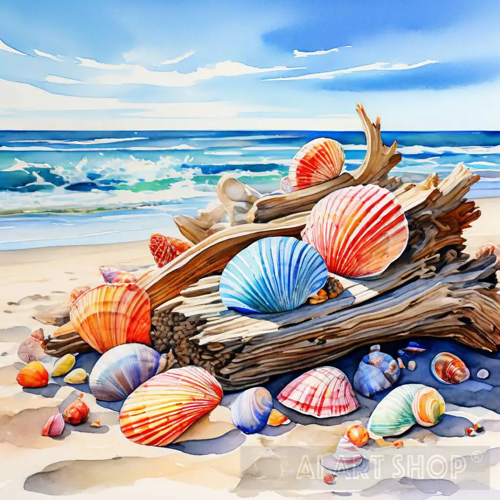 Seashells on the Beach Painting - AI Art Shop