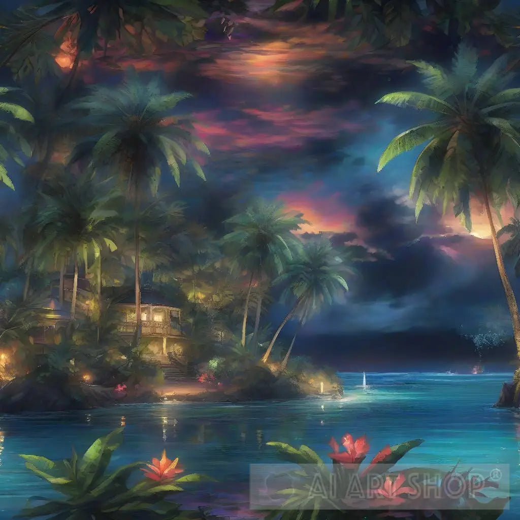 Tropical Island At Night, Moonlit Magic, Tropical Paradise, Moonlit...