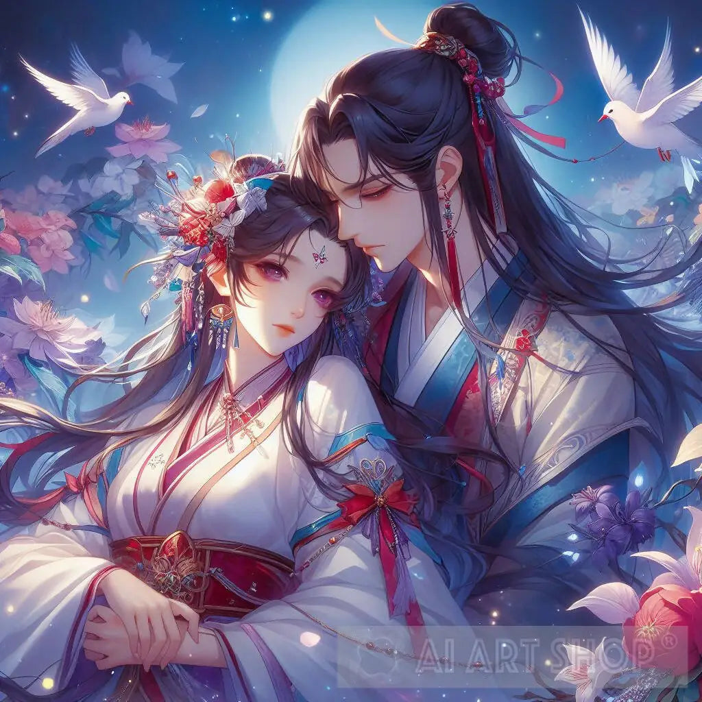 Two Ancient Chinese Lovers Meet in the Moonlight