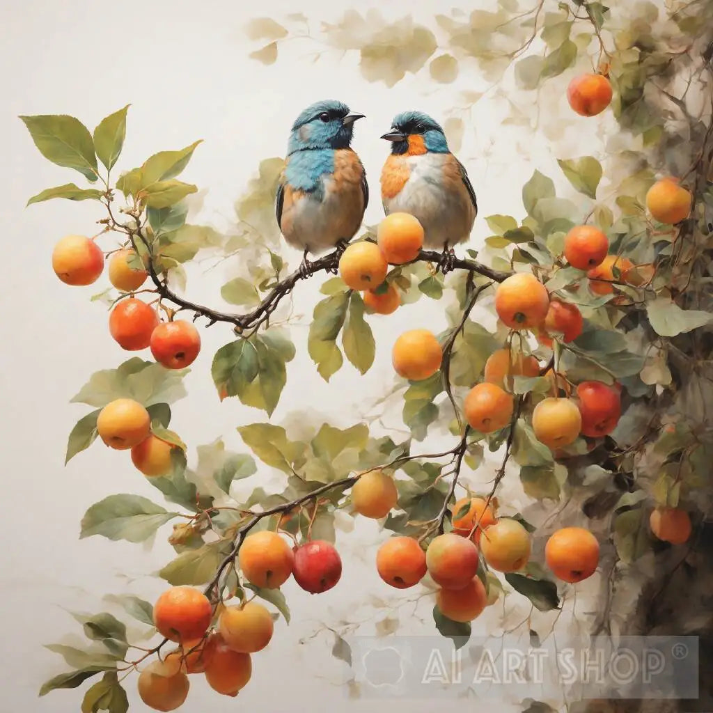 Two birds perched on an apple tree branch