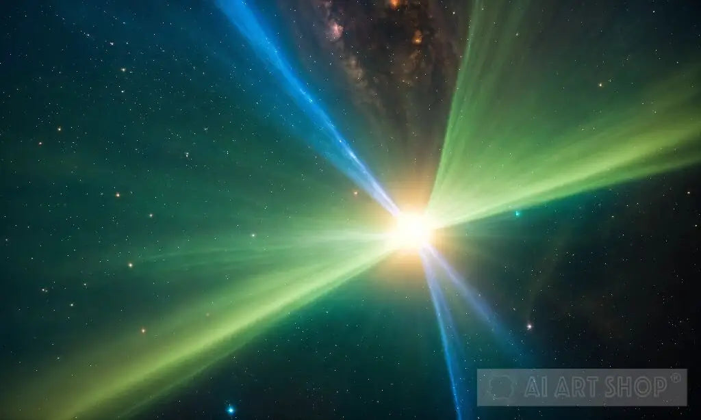 two blue and green light rays colliding in the universe