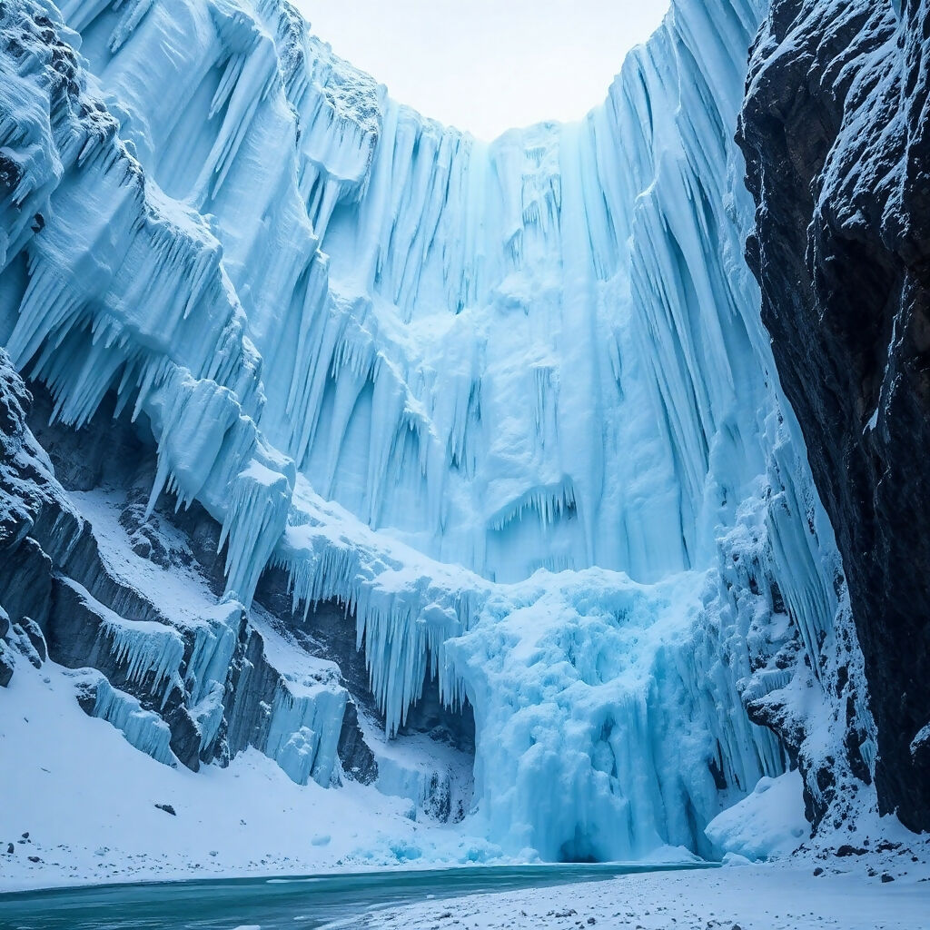"Frozen Cathedral: Massive Ice Wall with Icicles and Frozen St...