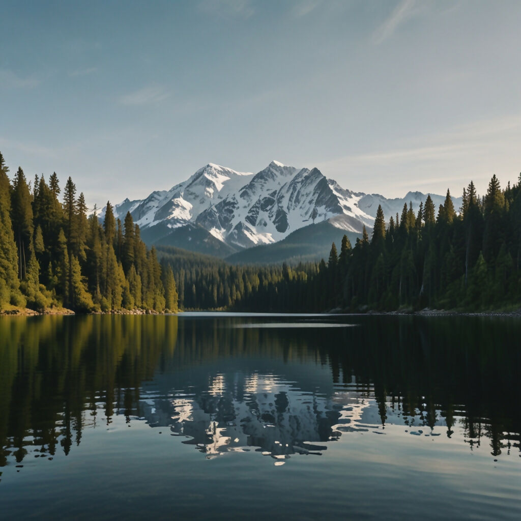 A calm lake surrounded by dense pine forests and towering snow-capp...