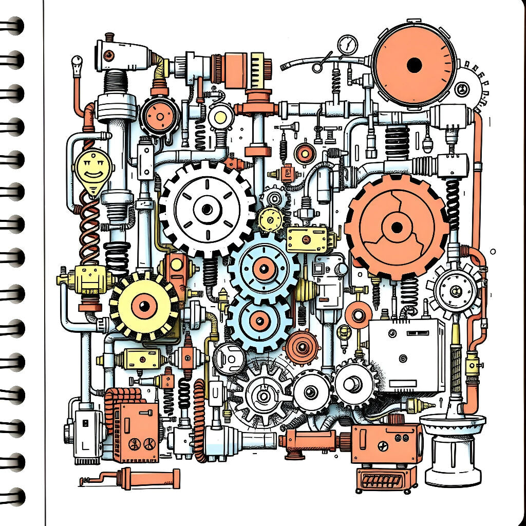 gears, steampunk, machinery, engineering, comic, whimsical, colorfu...