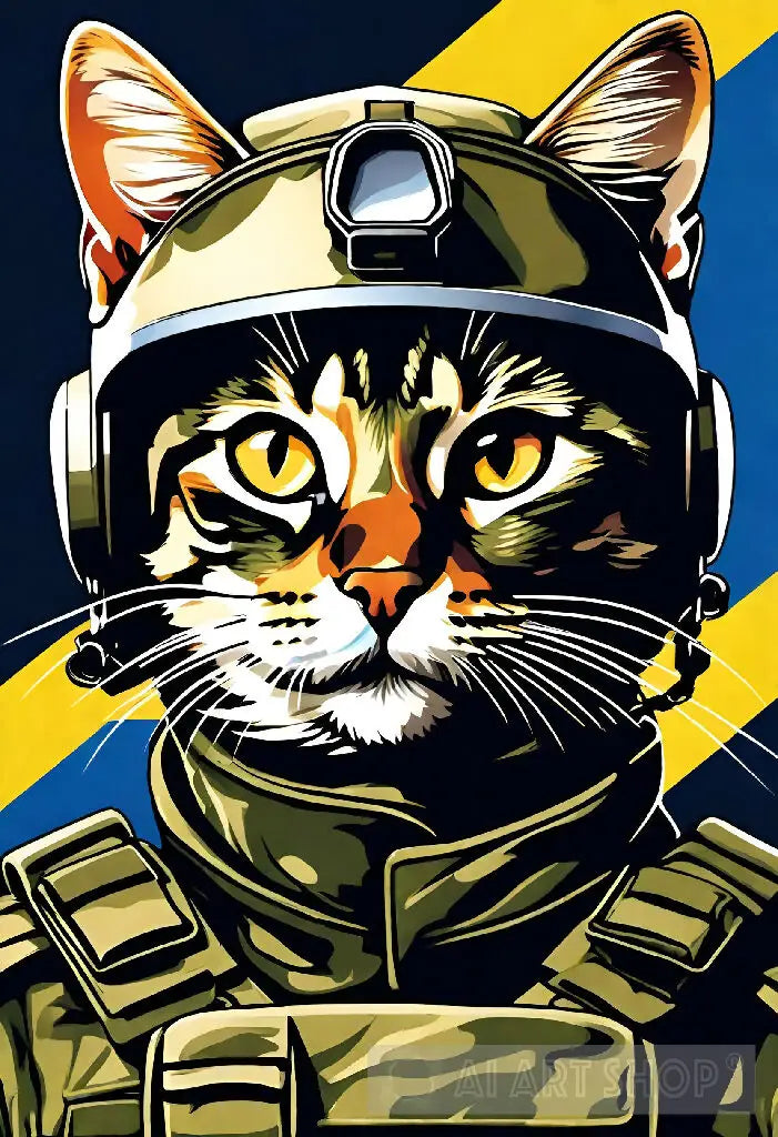 Ukrainian soldier cat, yellow-blue watercolor