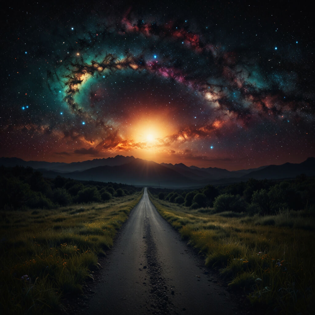 “Cosmic Horizon Road: A Celestial Journey | Space-Themed Wall Art”