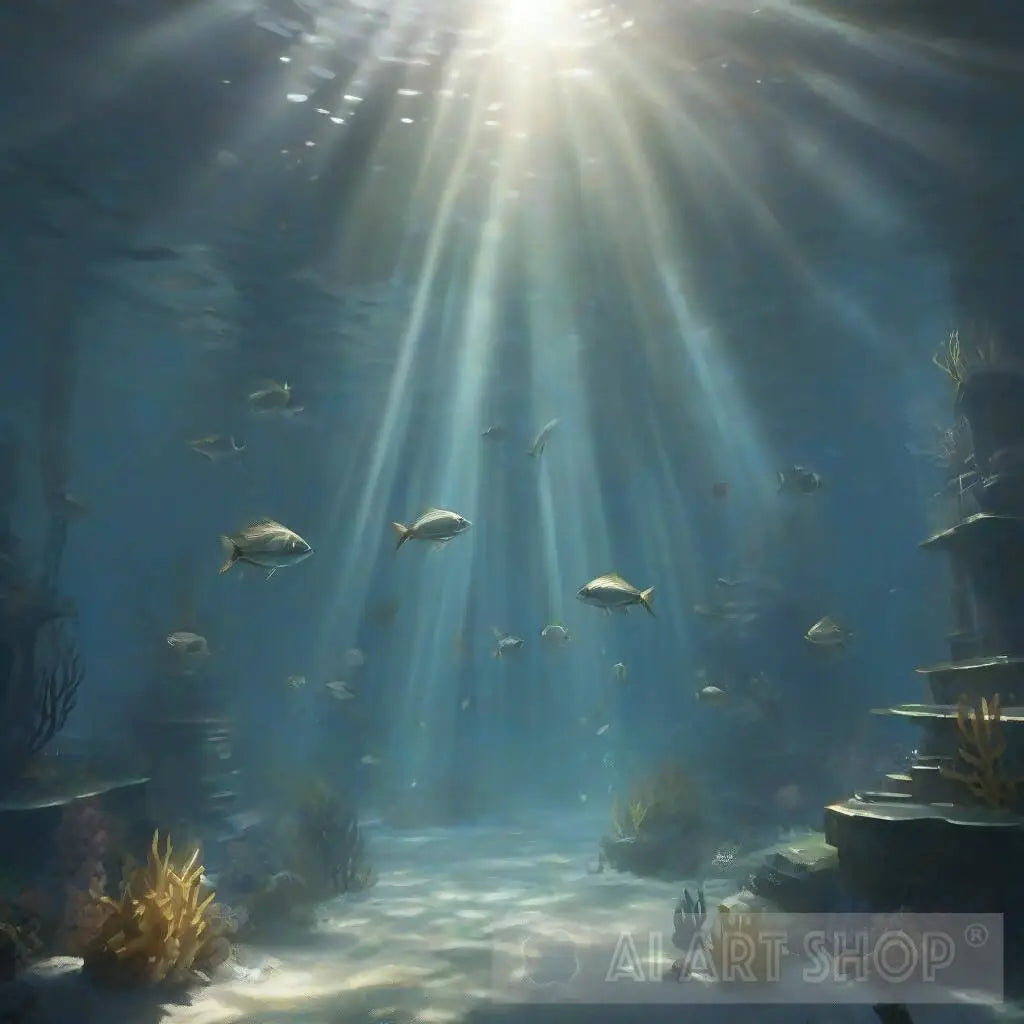 Underwater Concept Art Rays of Sunlight and Fish in the Ocean