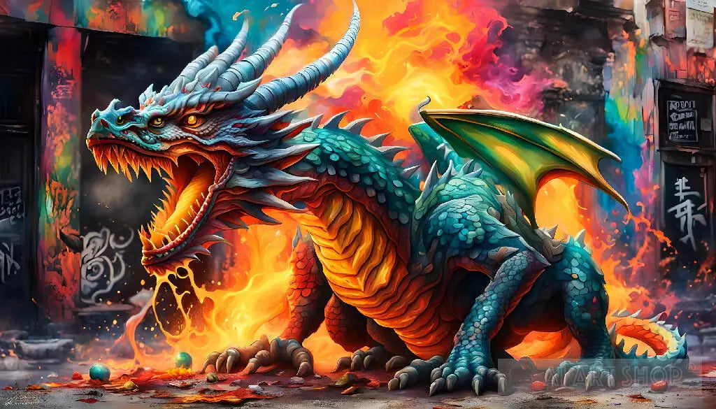 dragon urban fantasy fire mythical creatures graffiti street art vi...