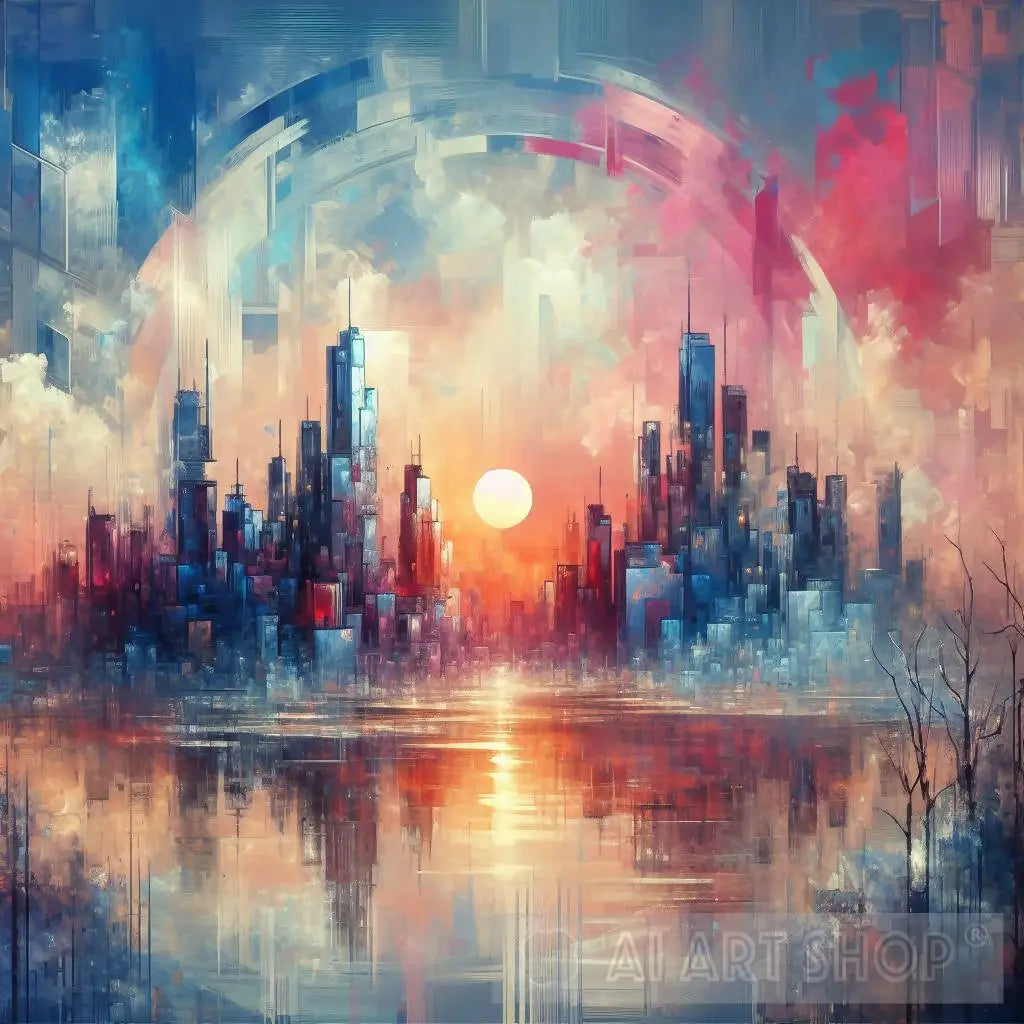 Urban Reverie: A Sunset Skyline in Metal Hurlant, Abstract Mirrors,...