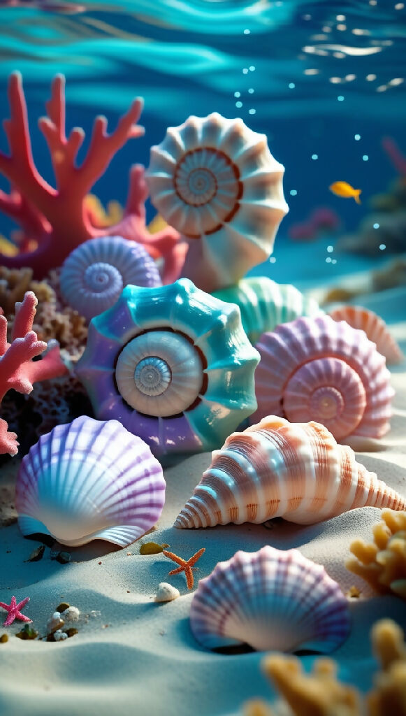 small collection of seashells resting on the vibrant ocean floor, e...