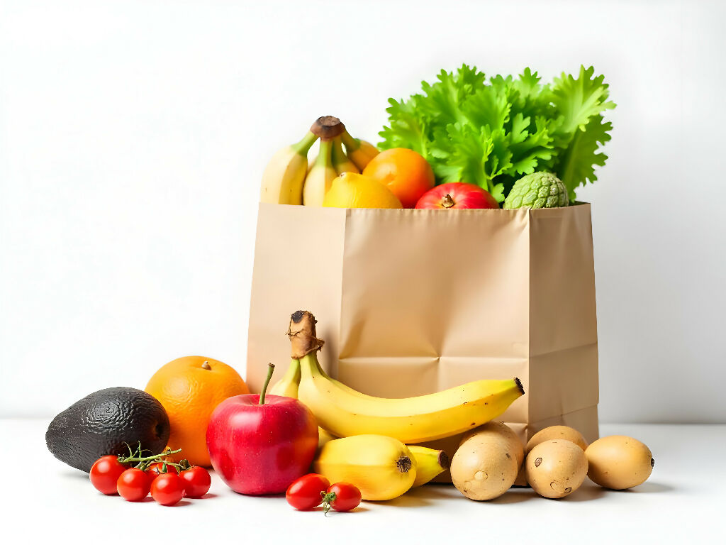 Fresh groceries, paper bag, fruits and vegetables, healthy food, or...