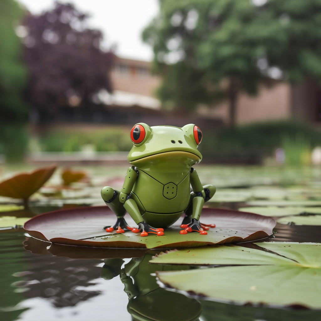 A robotic frog characterized by its green exterior and red eyes