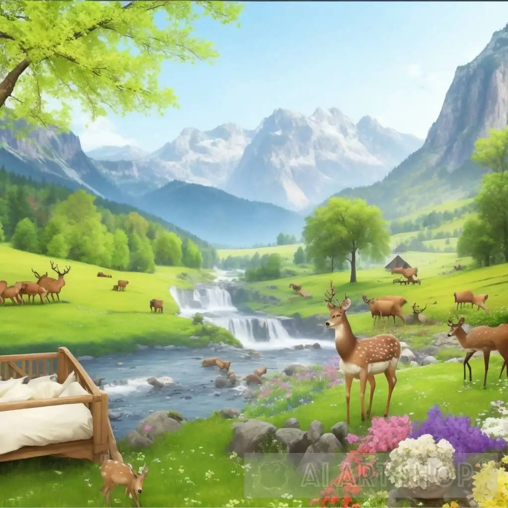 Valley Meadow Background with Mountains, Deer Animals, Flowers, For...