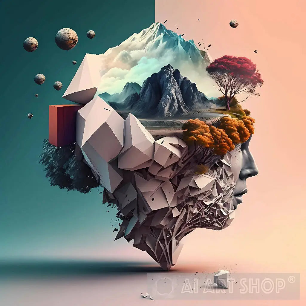 Striking Surrealist Painting: Profile of a Face with a Red Tree and...