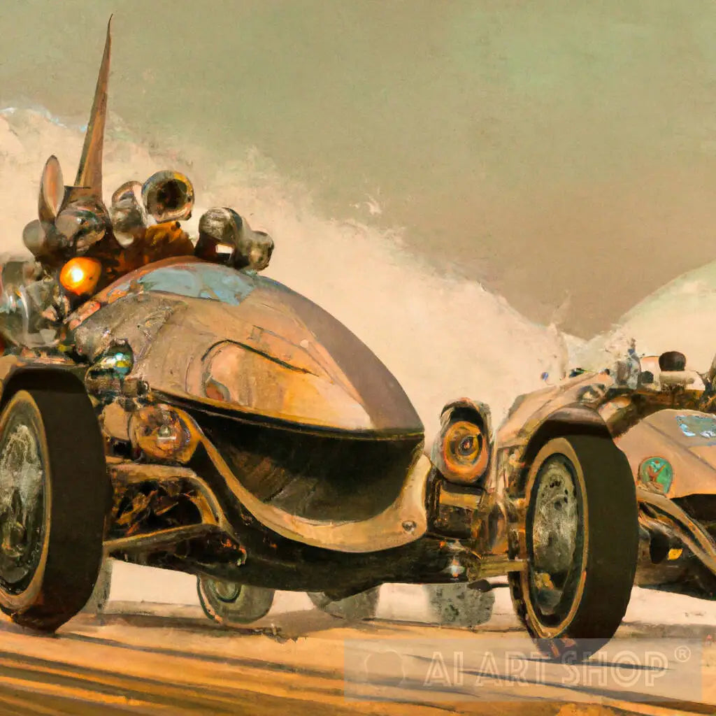 Velocity Valkyries: Vintage futuristic gold steampunk racecar racin...