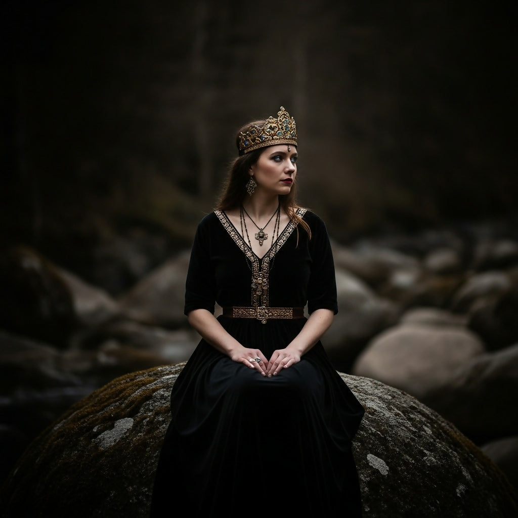 Crowned Figure on Rock: Dark Fantasy Portrait