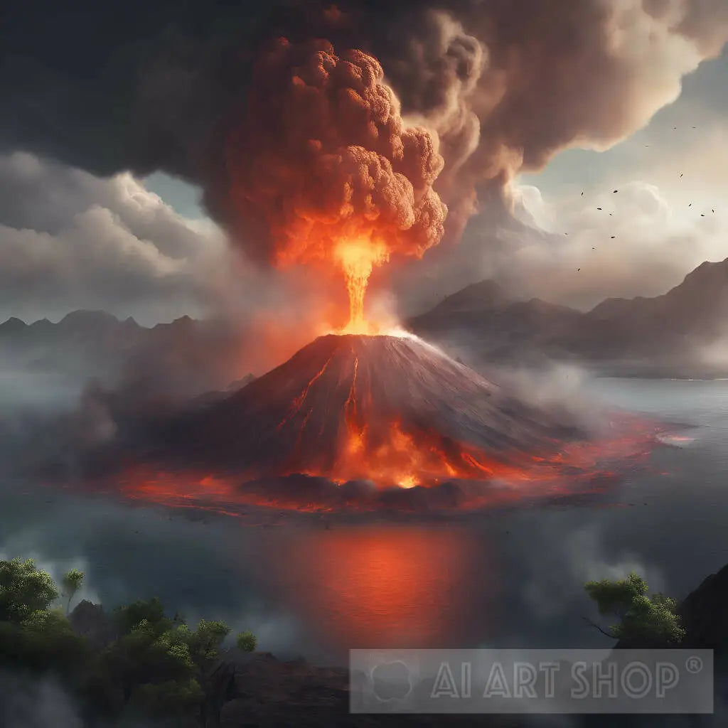 Volcano, Volcano Art, Nature Power, Erupting Landscape, Fiery Spect...