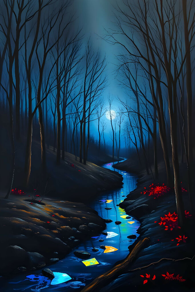 Moonlit Stream, Enchanted Forest, Fantasy Art, Mystical Landscape