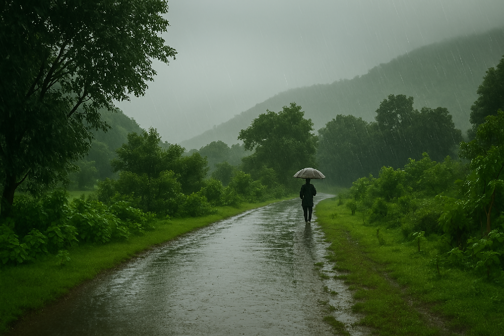 Lone Walker in Rain – Peaceful Monsoon Forest Path Scene