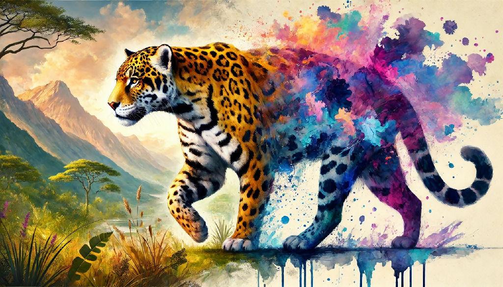 Glitchy Jaguar Art - Vibrant Watercolor & Real Colors - Contemp...