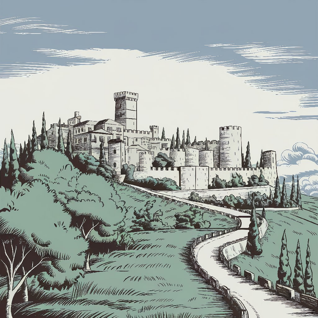 A pen and ink drawing of a medieval city with towers and walls.