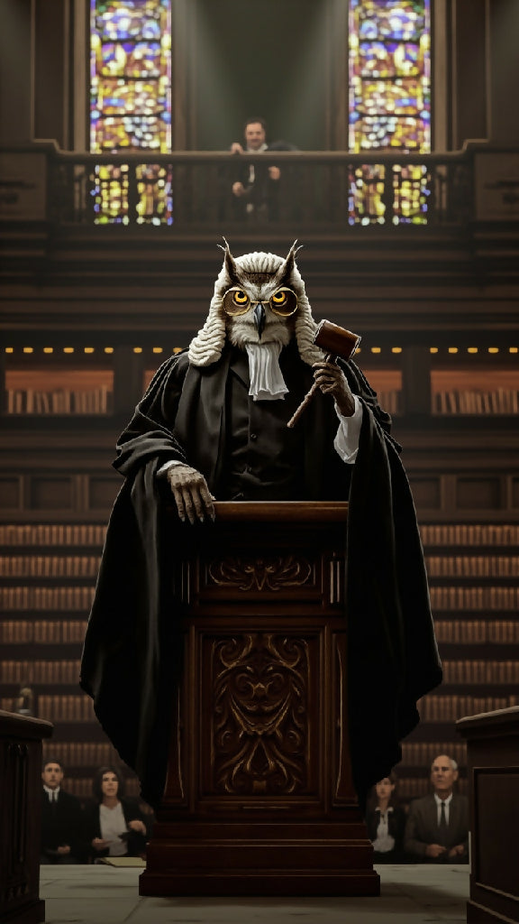 Judge Owlington – AI-Generated Anthropomorphic Owl in Courtroom Attire