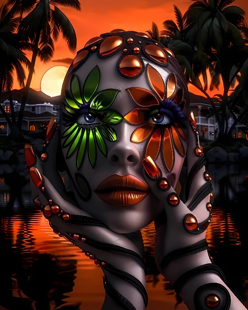 - Futuristic - Robotic - Metallic - Reflective - Geometric patterns...