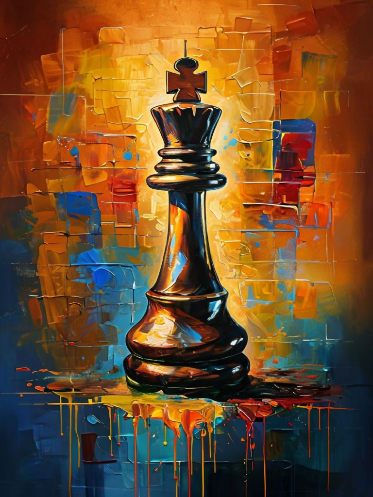 A striking and colorful abstract painting of a chess king