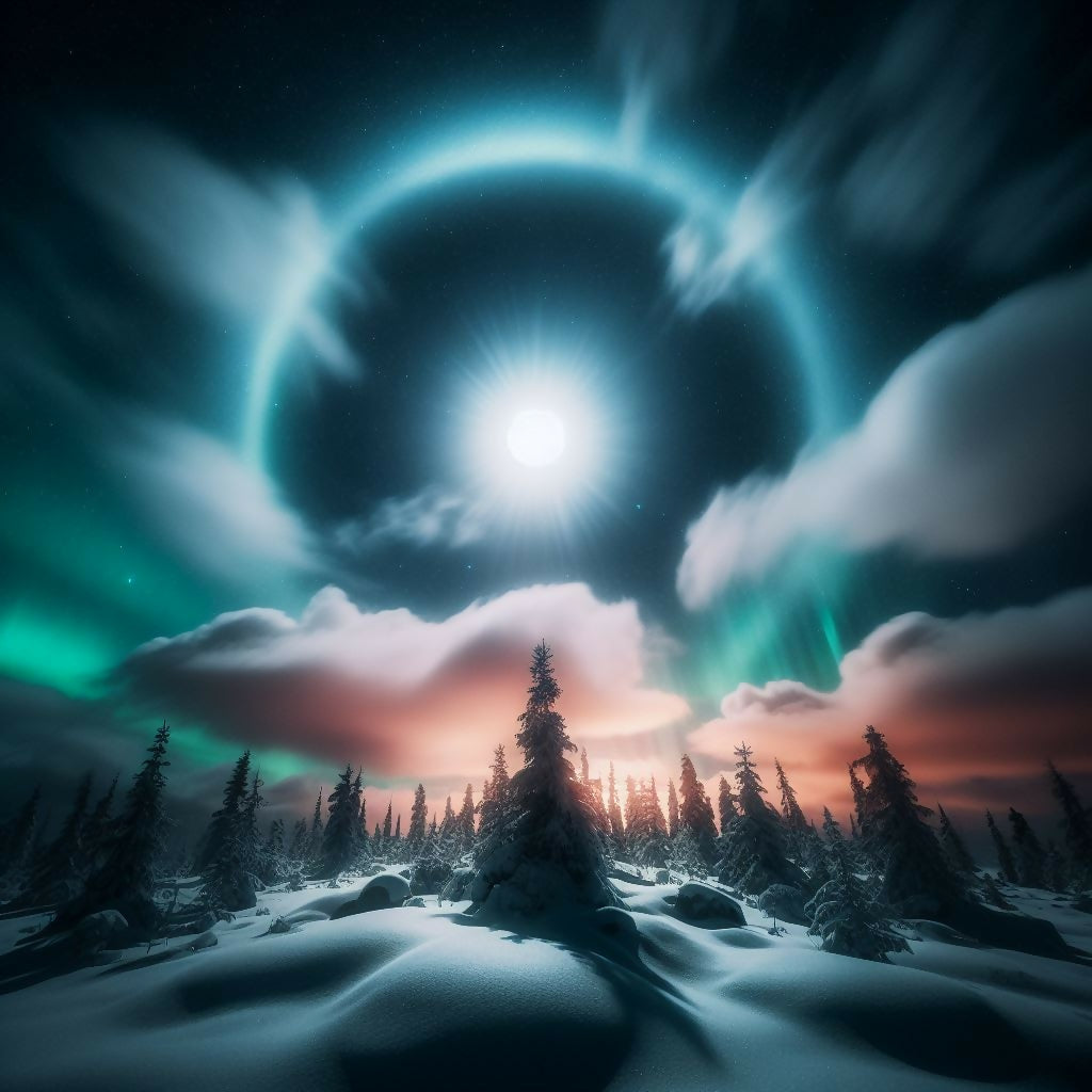 Winter Moonbow in a Pine Forest