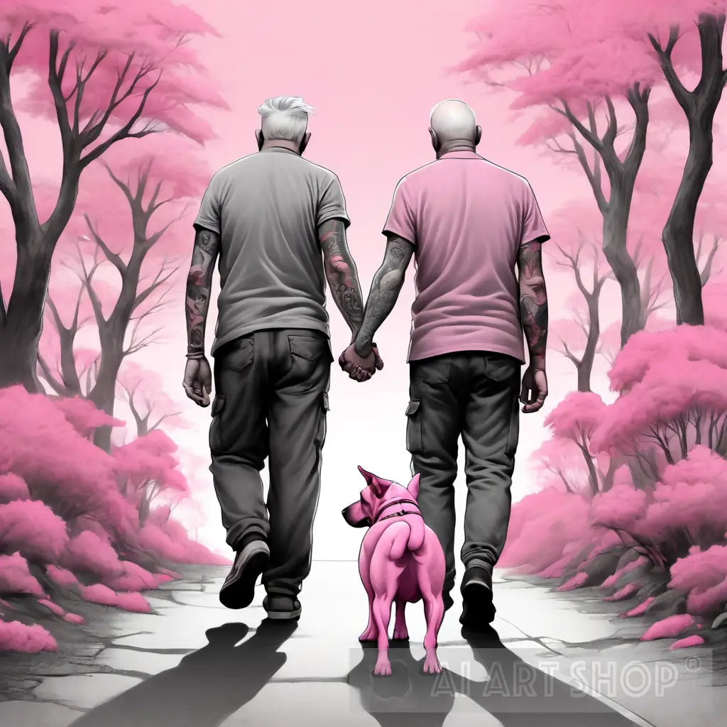 two tattooed men walking with a dog in a pink forest