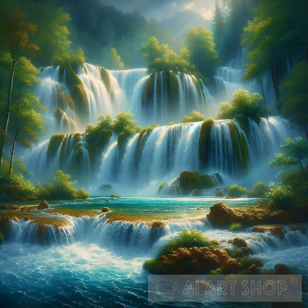 Waterfalls In The Forest, Nature Art, Waterfall Painting, Forest Sc...