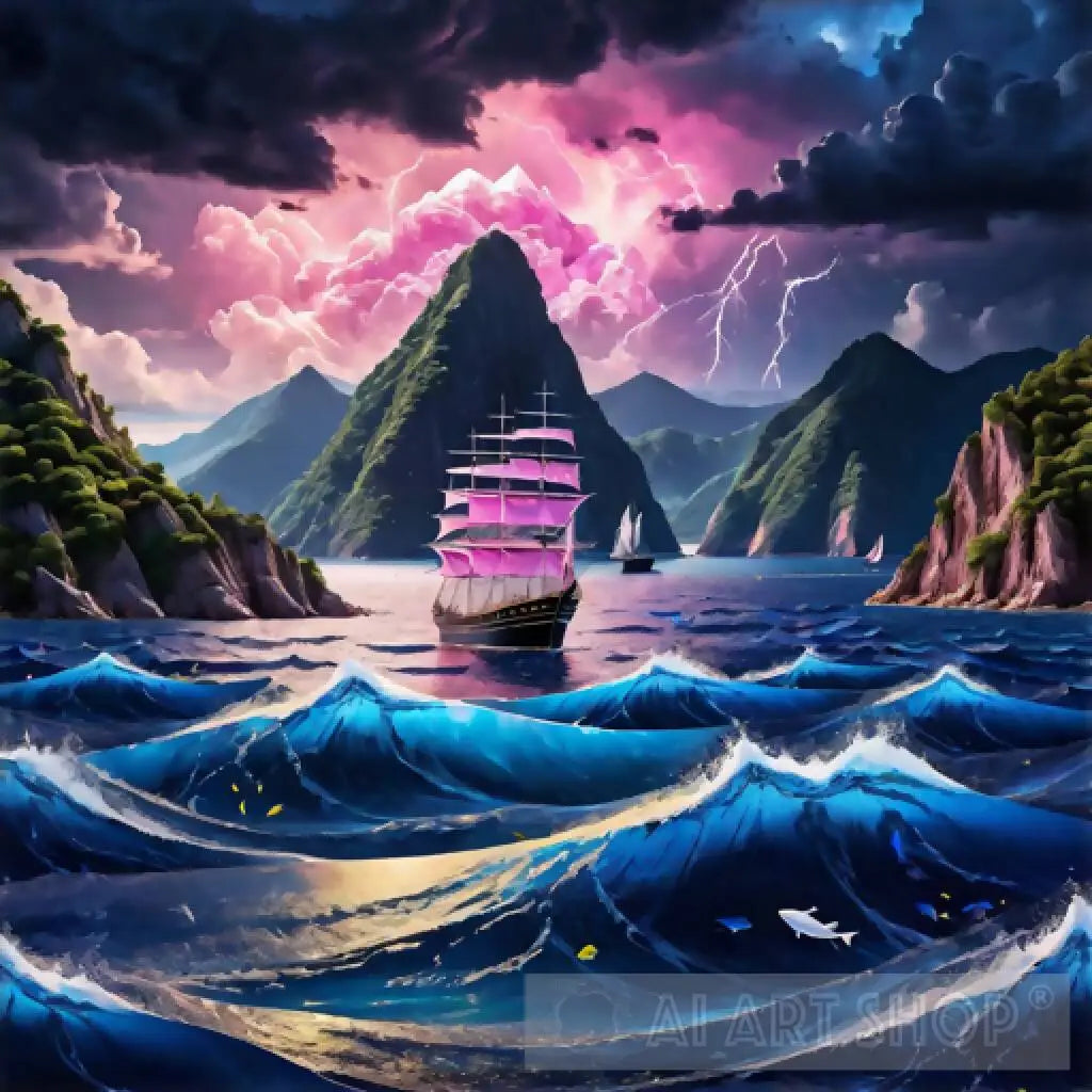 Wavy ocean and pink ship