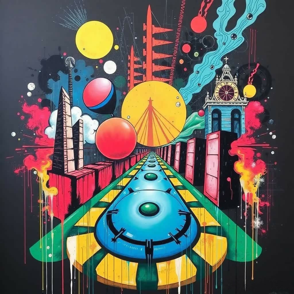 Futuristic Cosmic Cityscape – Vibrant Urban Surrealism Artwork