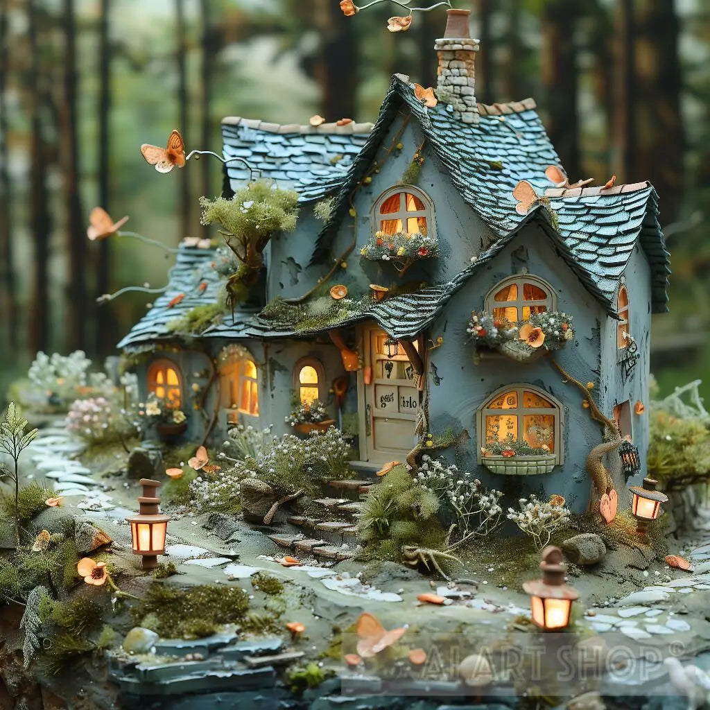 Whimsical Cottage, Woodland Setting, Illuminated Windows, Enchantin...