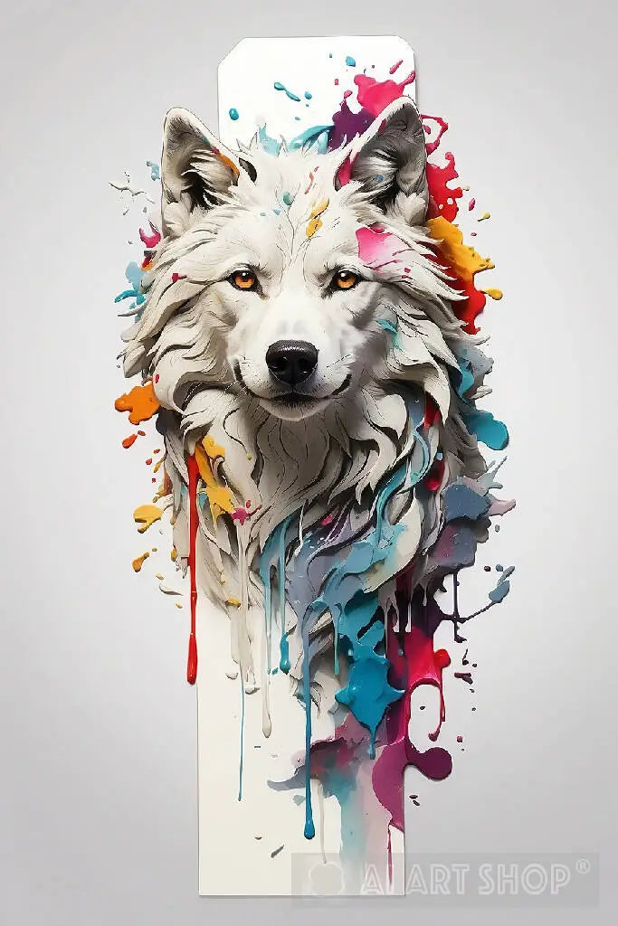 White background with colorful paint spots, white wolf