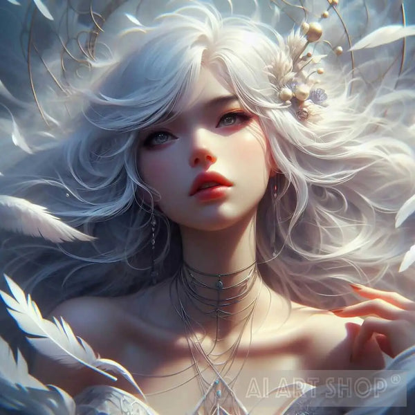 White haired girl surrounded by feathers