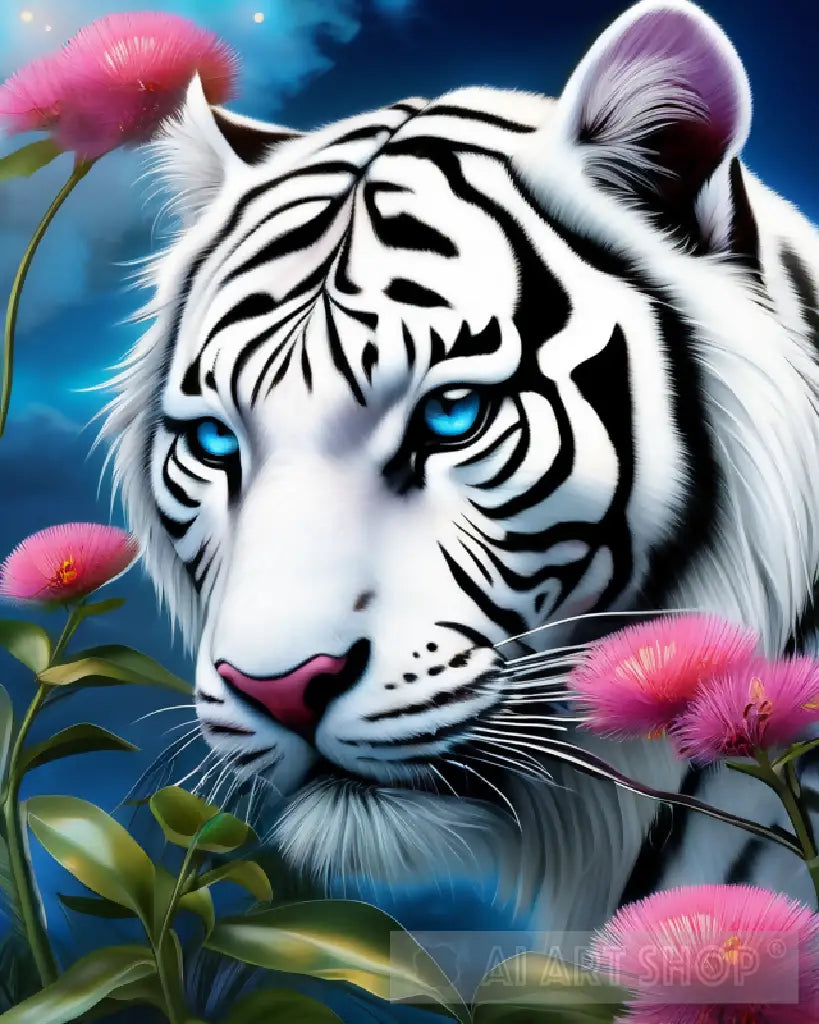 Tiger, white, stripes, flowers, nature, painting, animals