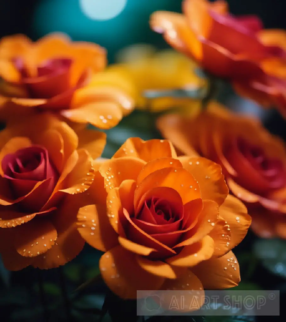 Roses, flowers, moon, lunar, night, colorful, orange