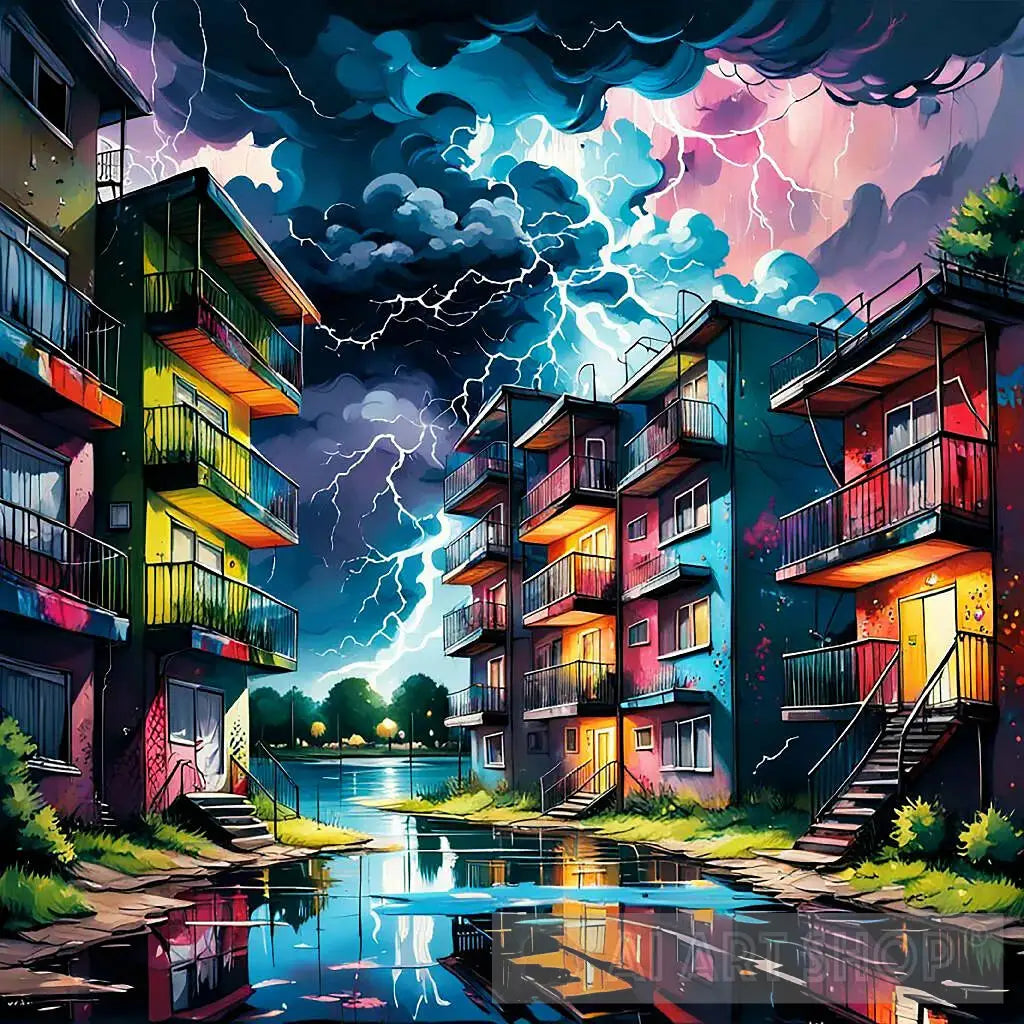 windy day, building, colorful, thunder, rain, raining,