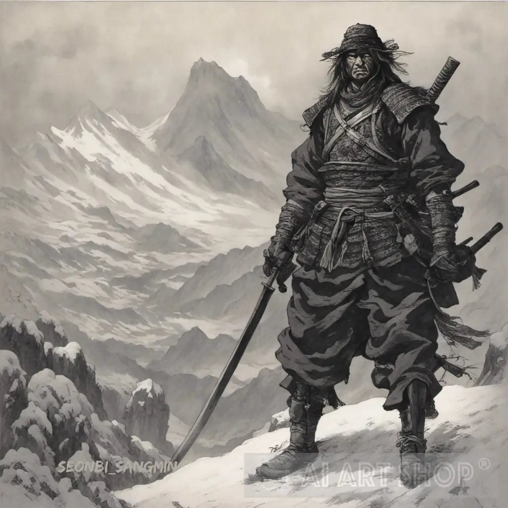 samurai, snow, mountain, ink paint