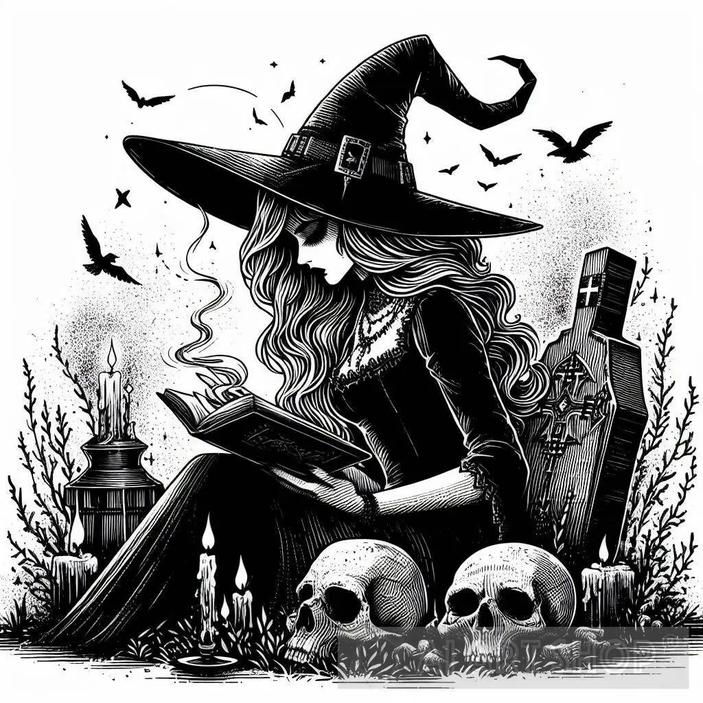 Witch sitting on a grave reading a book, Vintage Gothic Dark Academ...