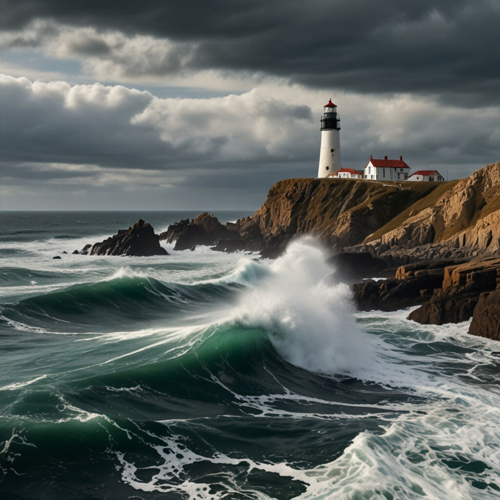 A rugged coastal scene with waves crashing against dramatic cliffs ...