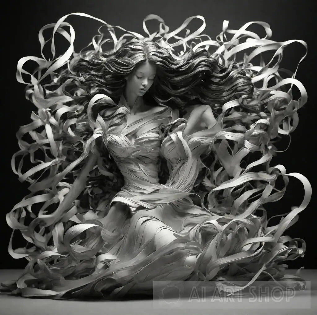 woman, high fashion, 3D render, pencil sketch, black and white