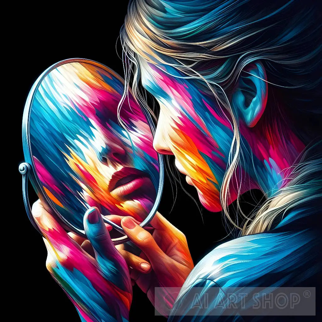 Woman Looking Into A Mirror, Reflection Art, Introspective Beauty,
