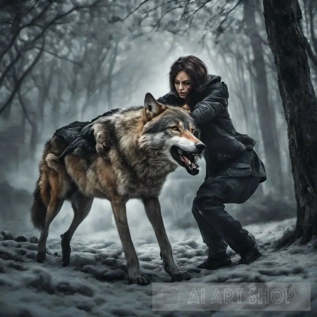 WOMAN PATTING WOLF