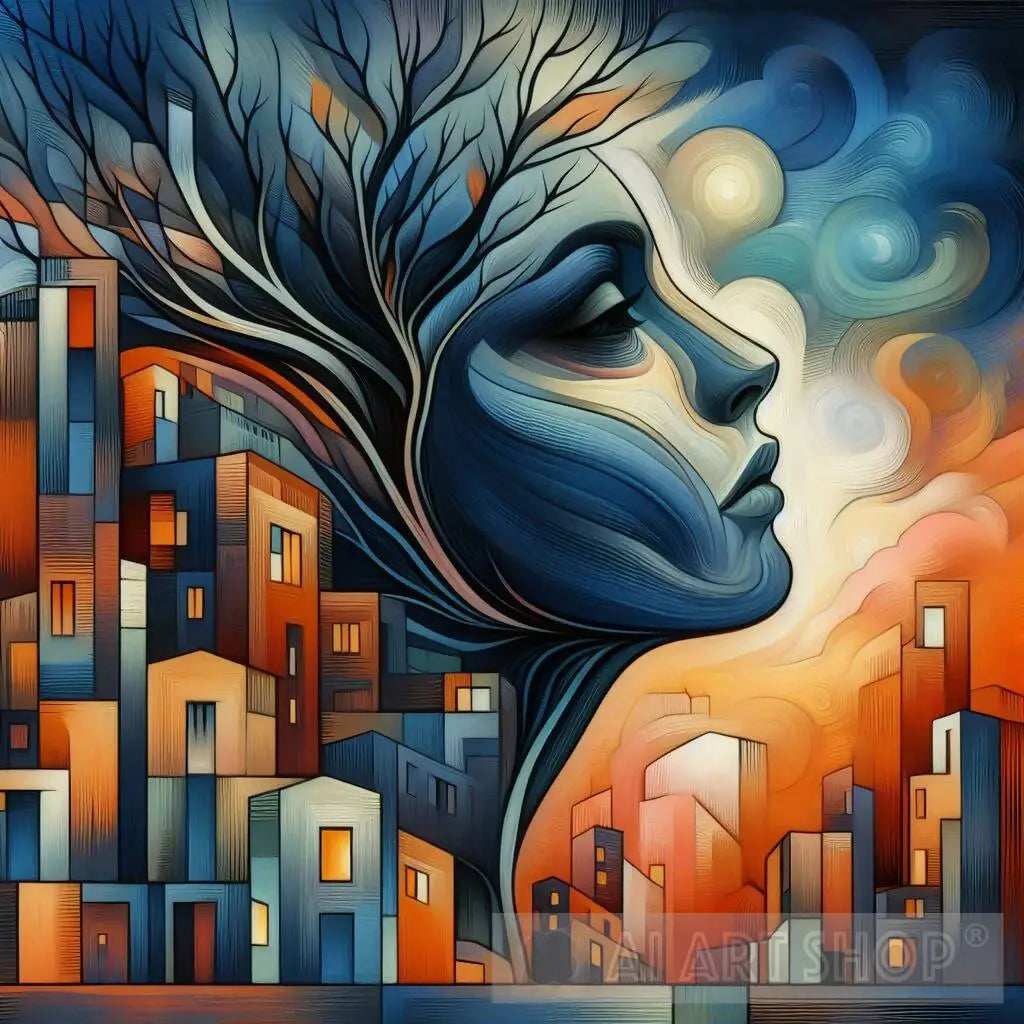 Woman's face through buildings