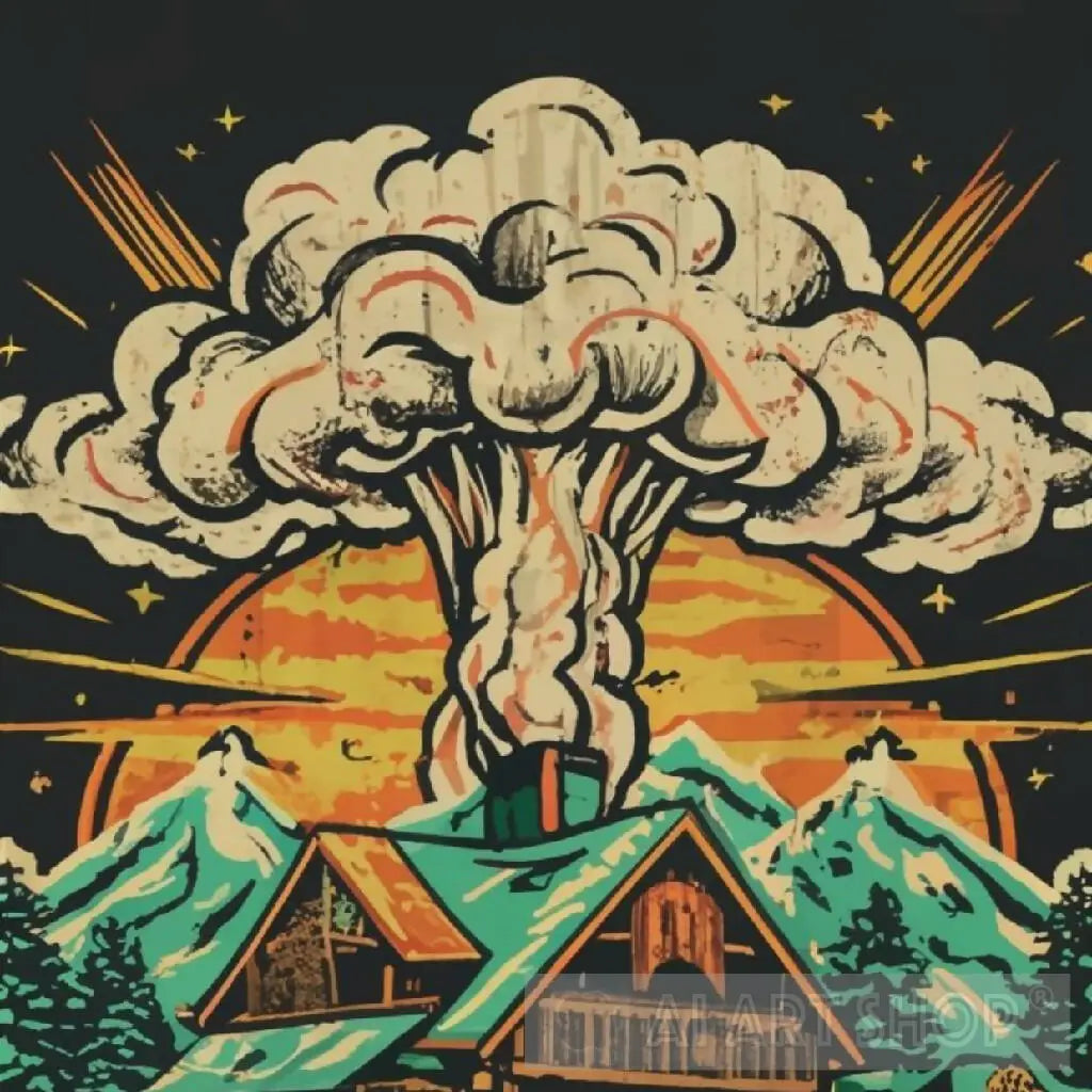 atomic explosion .Wooden hut. nature