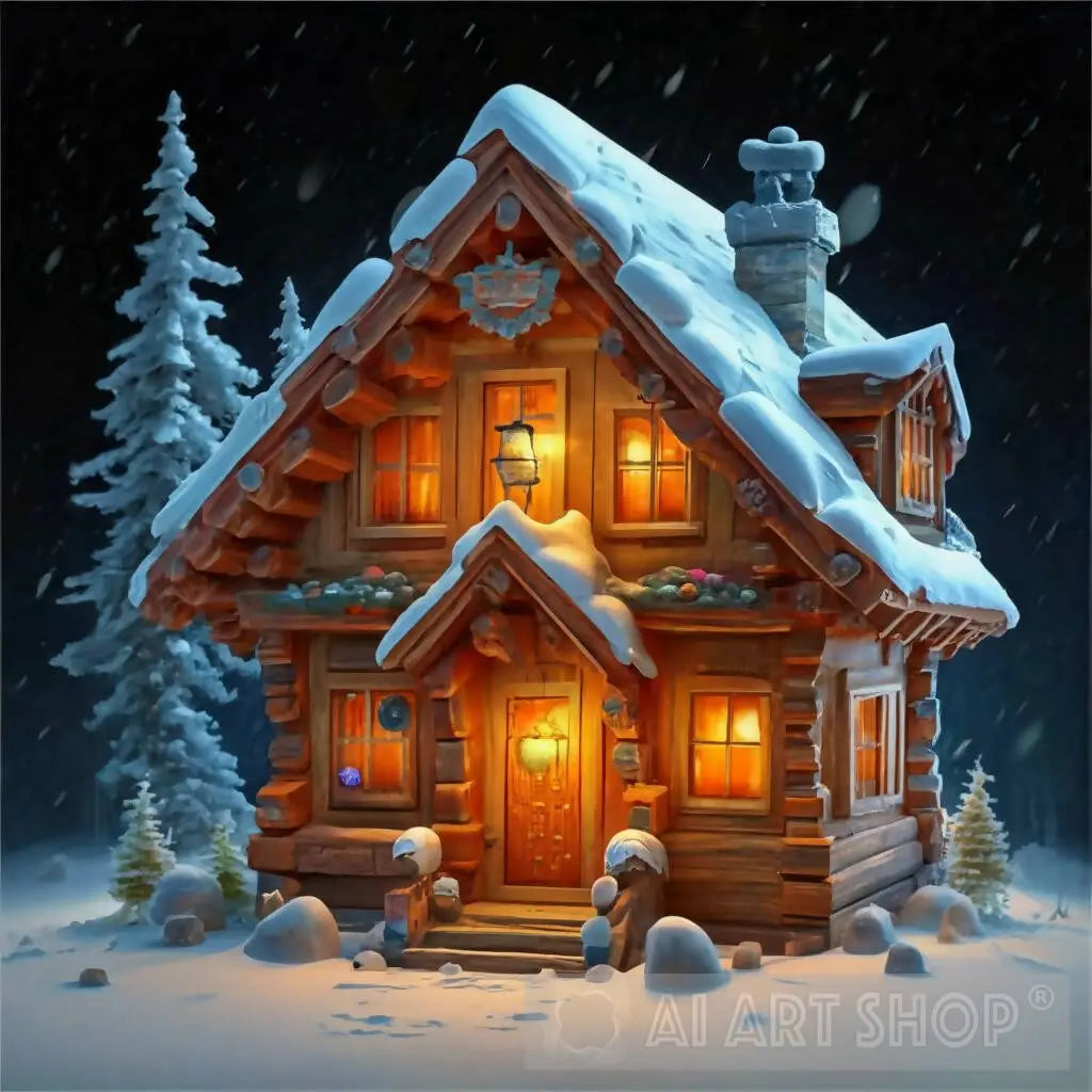 Wooden hut snow