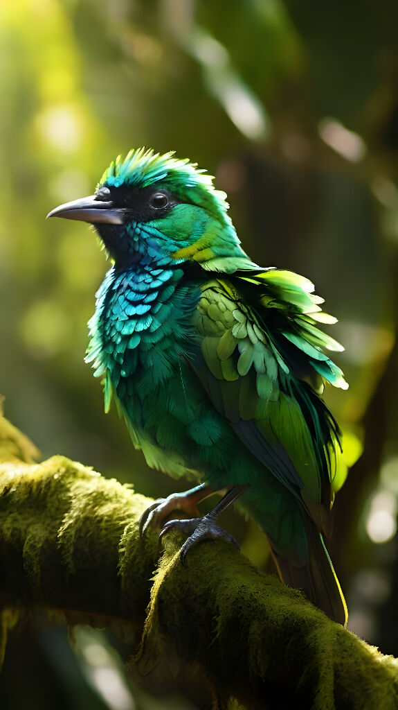 Tropical bird, iridescent feathers, green plumage, quetzal, trogon,...