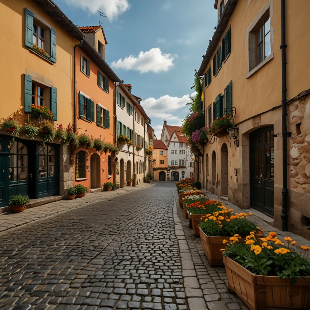 A picturesque European village with cobblestone streets, historic b...
